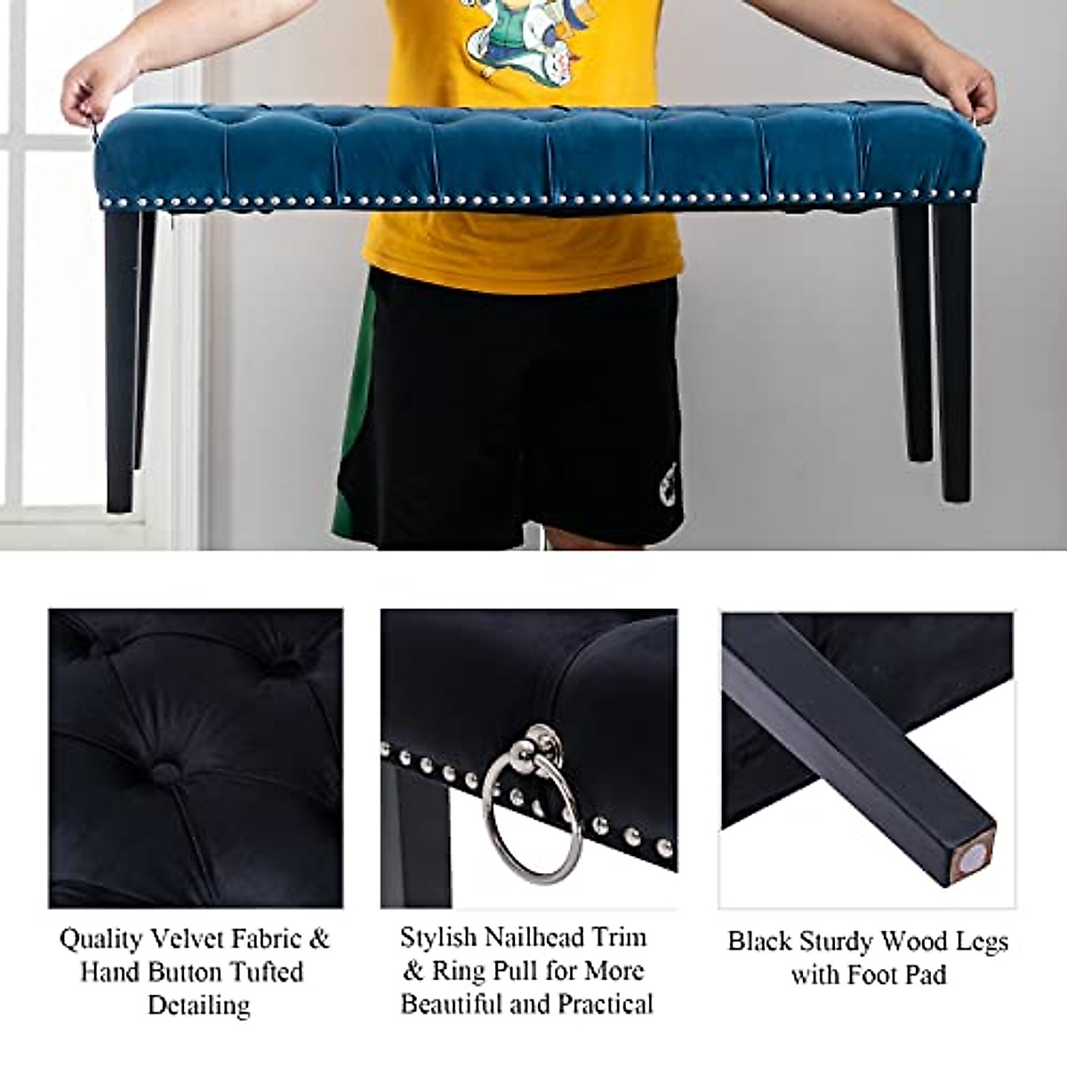 DUOMAY Tufted Ottoman Bench w/Ring Pull, Velvet Dining Bench Entryway Bench Footrest Stool Padded Seat for Living Room Bedroom, Black