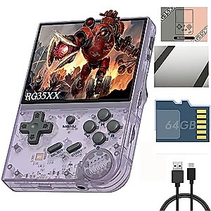 Anbêrnic RG35XX Handheld Emulator Pocket Retro Handheld Game Console, 3.5 Inch IPS Screen Linux System Built-in 64G TF Card 5474 Classic Games Support HDMI TV Output (Transparent Purple1)