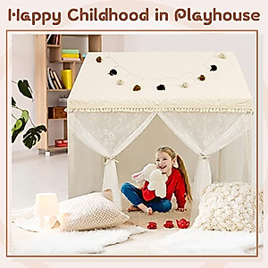 Kids Play Tent Indoor Outdoor, Large Play House Tents for Toddlers 3-12 Years Old, Girls Boys Play Tents with Non-Slip Mat, Tassel Garland and Star Lights, Neutral Color 52" x 35" x 52"