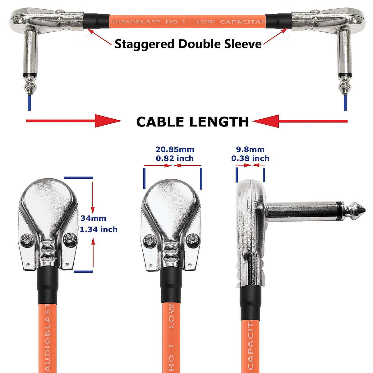 Audioblast - 6 Units - 6 Inch - HQ-1 (Orange) - Ultra Flexible - Dual Shielded (100%) - Instrument Effects Pedal Patch Cable w/ ¼ inch (6.35mm) Low-Profile, R/A Pancake TS Plugs & Dual Staggered Boots