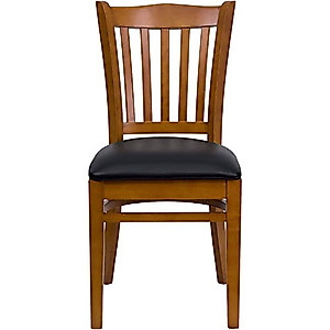 Flash Furniture 4 Pk. HERCULES Series Vertical Slat Back Cherry Wood Restaurant Chair - Black Vinyl Seat