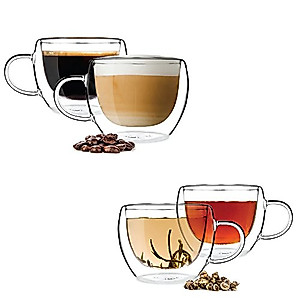 Tealyra - UNIVERSE 8-ounce - Set of 4 - Double Wall Glasses With Handle - Espresso Coffee - Tea - Cappuccino - Clear Cups - Heatproof Insulating - Keeps Beverages Hot - 230ml