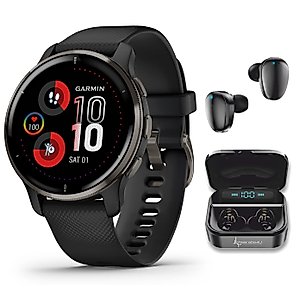 Wearable4U Garmin Venu 2 Plus GPS Multisport Smartwatch, 33 mm with AMOLED Display, Call and Text, Music, Adv HM+FF, Slate Bezel with Black Case Black Earbuds Bundle