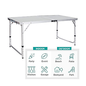 CAMPMOON Folding Camping Table 4 Foot, Lightweight Portable Aluminum Folding Table with Adjustable Legs, Great for Outdoor Cooking Picnic, White
