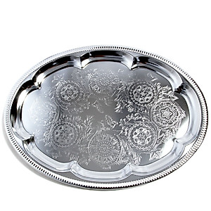 Maro Megastore (Pack of 4) 18.1 inch x 13.3 inch Traditional Oval Floral Pattern Engraved Catering Chrome Plated Serving Plate Mirror Tray Platter Metal Tableware Holiday Party Large T225-4PK