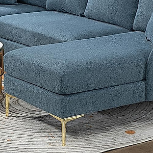 FANYE 110'' Modern Reversible Chaise Sectional U-Shaped Convertible, 4-Seat Polyester Blend Upholstered Sofa & Couch with 2 Pillows and Metal Legs for Home Apartment Office Living Room, Green, Blue