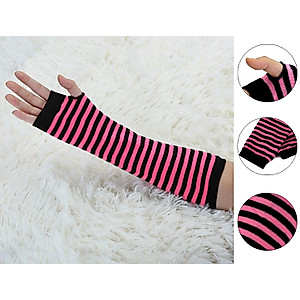 Allegra K Women's Fingerless Gloves Printed Elbow Length Knitted Arm Warmers One Size Black With Pink
