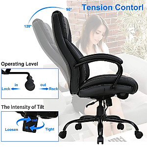 Big and Tall Executive Office Chair - Heavy Duty 500lbs Wide Seat PU Leather Swivel Rolling, Ergonomic Desk Computer Chair w/High Back & Lumbar Support Arms for Home Office Black