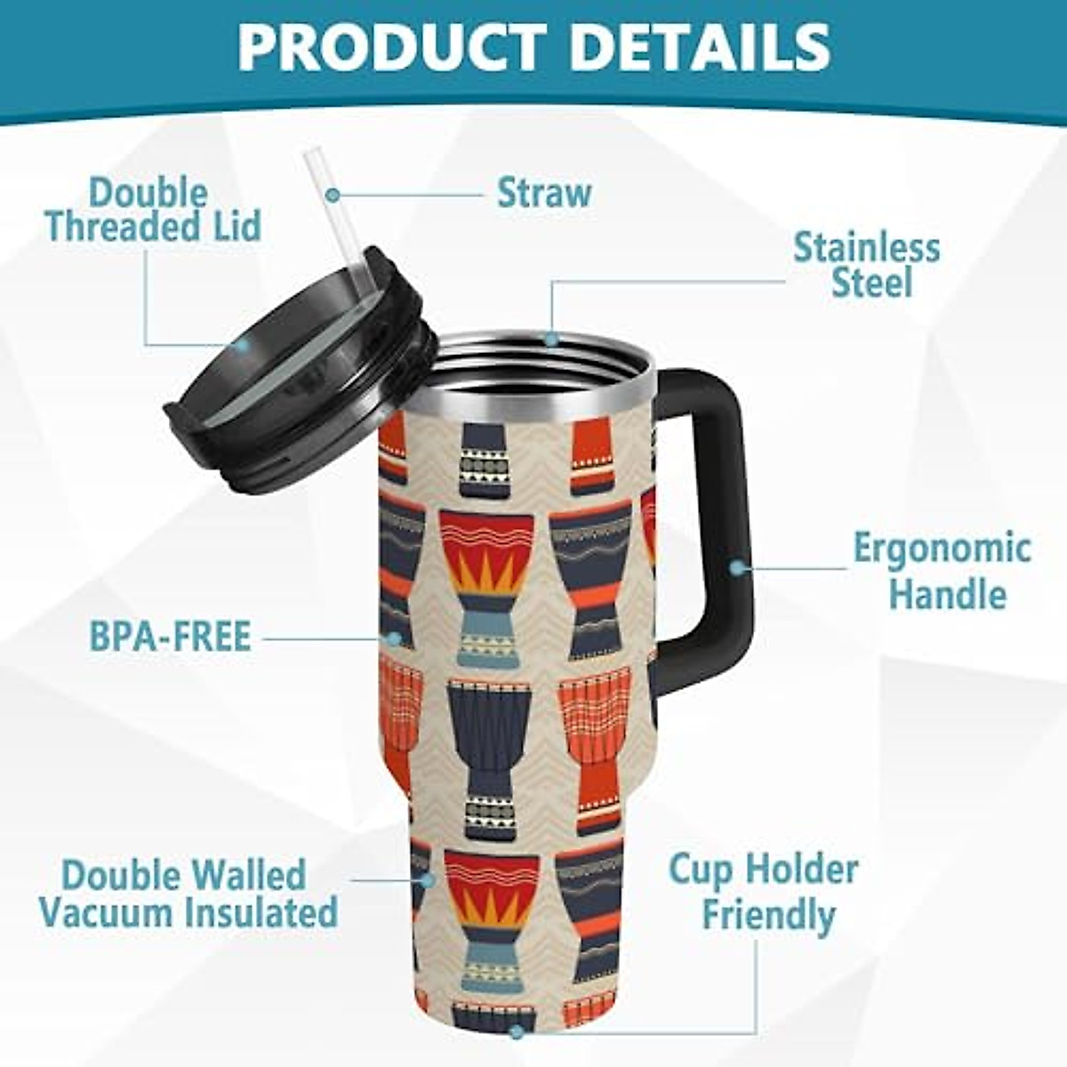Exnundod African Djembe Drums Pattern Tumbler with Handle 30oz and Straw Insulated Tumblers Leak-proof Water Bottle for Car Travel