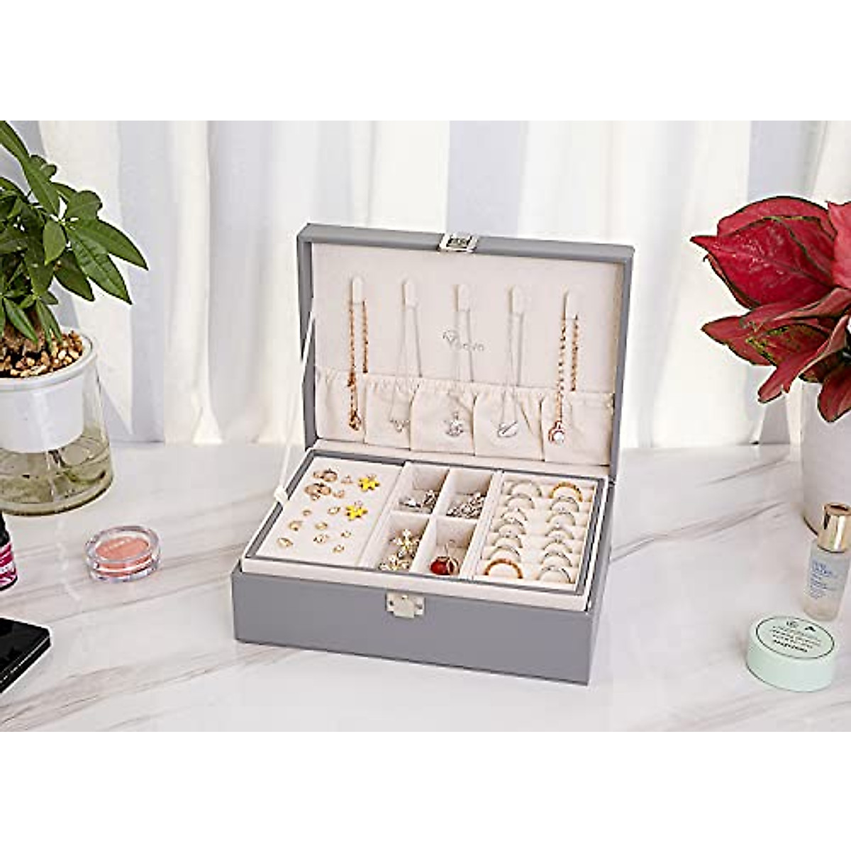 Voova Jewelry Box Organizer for Women Girls, 2 Layer Large Men Jewelry Storage Case, PU Leather Display Jewellery Holder with Removable Tray for Necklace Earrings Rings Bracelets, Vintage Gift,Grey