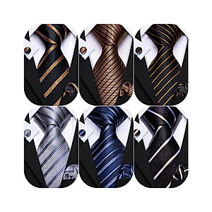 Barry.Wang Men Tie Classic Silk Gift Necktie With Tie Clip Jacquard Woven Neck Ties 6PCS Formal Wedding (Stripe Blue)