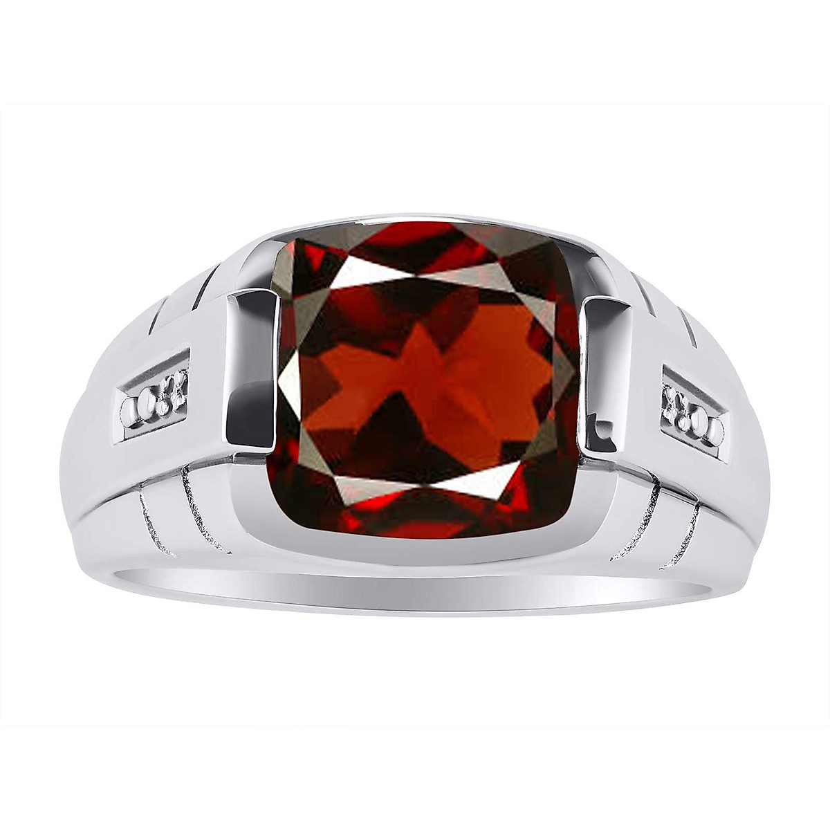 Rylos 12MM Cushion Shape Checker Top Garnet Color Stone & Diamonds Set in Sterling Silver Size 8