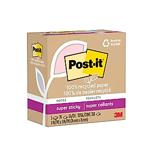 Post-it 100% Recycled Paper Super Sticky Notes, 2X The Sticking Power, 3x3 in, 5 Pads, 70 Sheets/Pad, Wanderlust Pastels Collection (654R-5SSNRP)