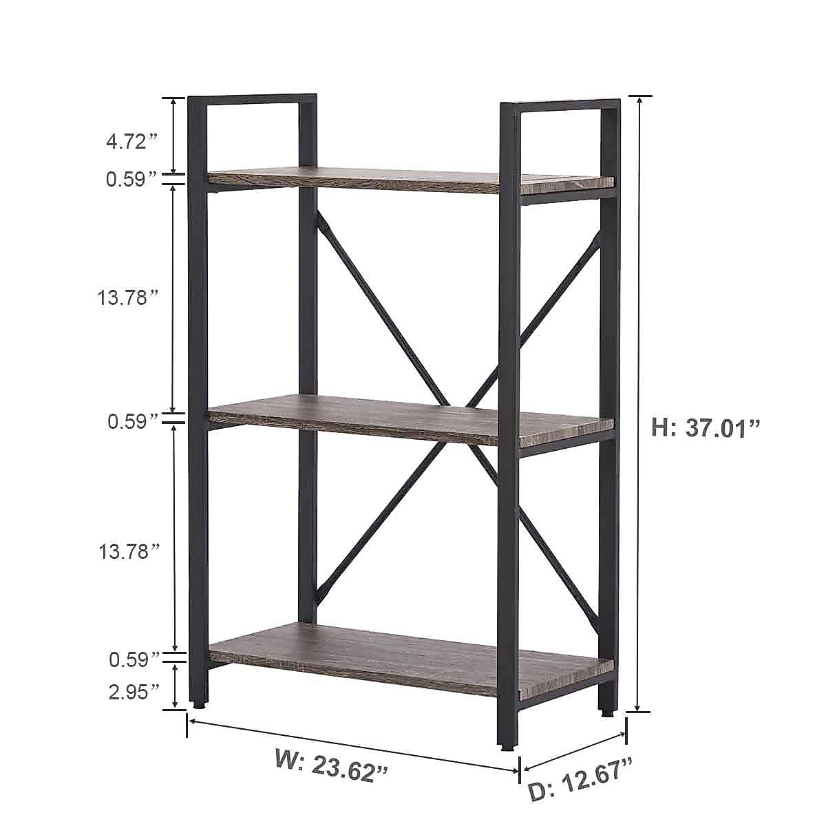 BON AUGURE Industrial Entryway Table and Small 3 Tier Bookshelf, Wood and Metal Furniture Set for Living Room, Bedroom, Kitchen, Home Office (Dark Grey Oak)