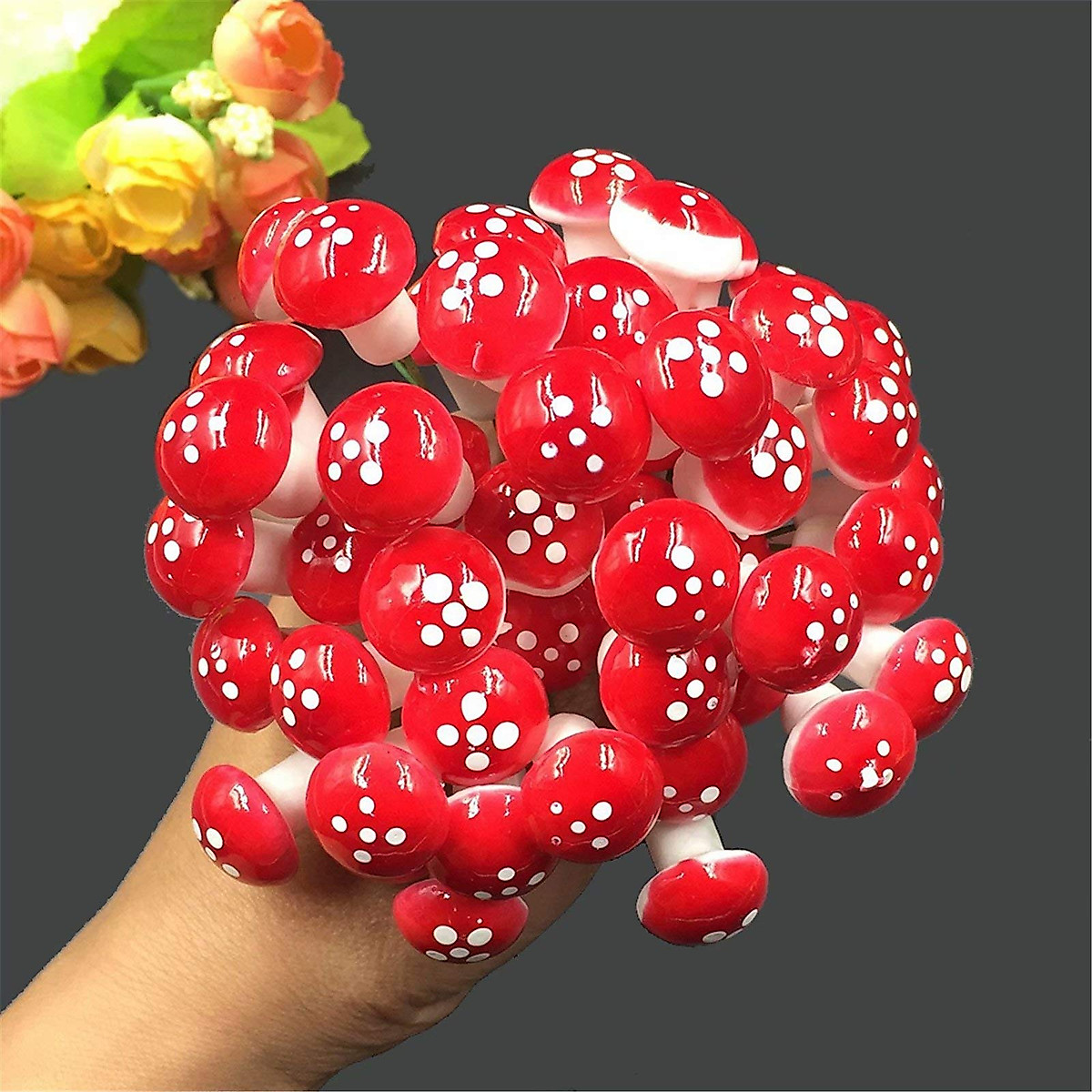 ASkinds 50Pcs/Set Mini Mushroom Decoration, Miniatures Artificial Succulent Plant Pot Resin Craft Decoration for Home DIY Micro Landscape Decor(Red)