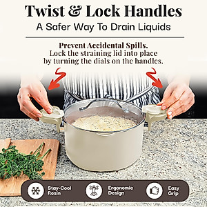 Gotham Steel 5 Quart Stock Pot Multipurpose Pasta Pot with Strainer Lid & Twist and Lock Handles, Nonstick Cooking Pot + Pasta Strainer Pot with Lid, Spaghetti Pot, Oven/Dishwasher Safe - CREAM