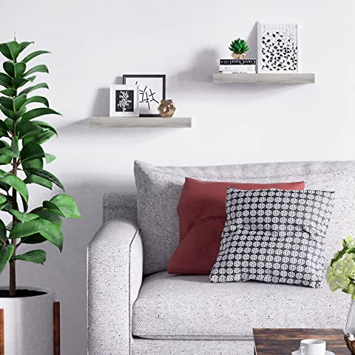 Ballucci Floating Shelves Set Extra Wide, 2-Pack 16" L Wood Wall Mounted Ledges with Invisible Brackets for Living Room, Bedroom, Bathroom, Kitchen, Nursery, 8" Deep - Gray Oak