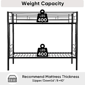 PVWIIK Twin Over Twin Metal Bunk Bed for Kids Boys Girls,Metal Structure Bedframe with Ladders & Guardrail,Convertible 2 Beds,No Spring Box Required,Black