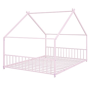 Favfurish Metal Full Size House Bed with Roof and Slats Support,Playhouse Design Montessori Floor Bed Frame W/Headboard & Footboard,No Box Spring Needed,for Kids Girls Boys,Pink