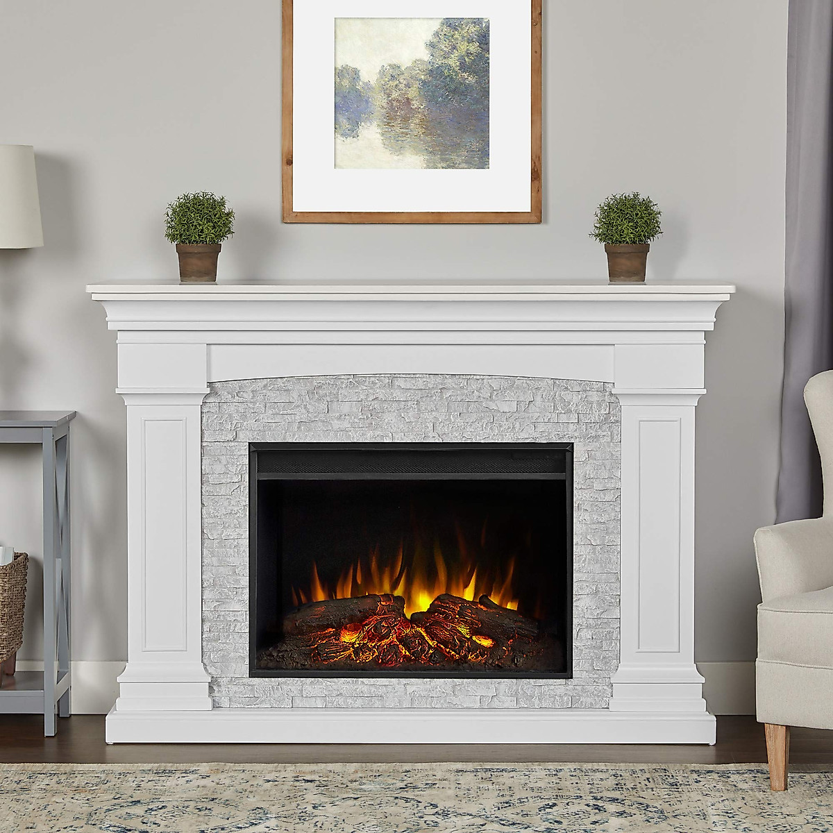 Real Flame Deland Grand Electric Indoor Fireplace with Remote Control, Realistic Infrared Fireplace with Heater, White