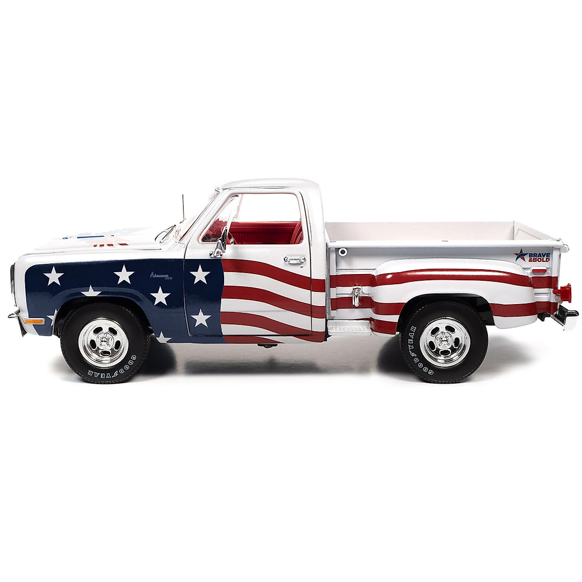 1980 D150 Adventurer Pickup Truck White with American Flag Graphics and Red Interior 1/18 Diecast Model Car by Auto World AW310