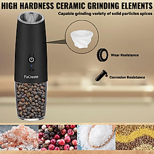 FaCreate UPGRADED USB RECHARGEABLE Gravity Electric Salt and Pepper Grinder Set,Battery Powered Automatic Operation Salt and Pepper Shakers,LED Light Adjustable Coarseness Mill 2 PACK(BLACK)