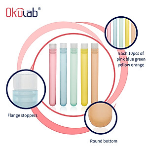 Okulab Test Tubes, Plastic Test Tubes with Caps, 50pcs 5 Colors Tampon Alcohol Tubes, with Flange Stopper for Lab, Classroom, Craft, TTP16B50
