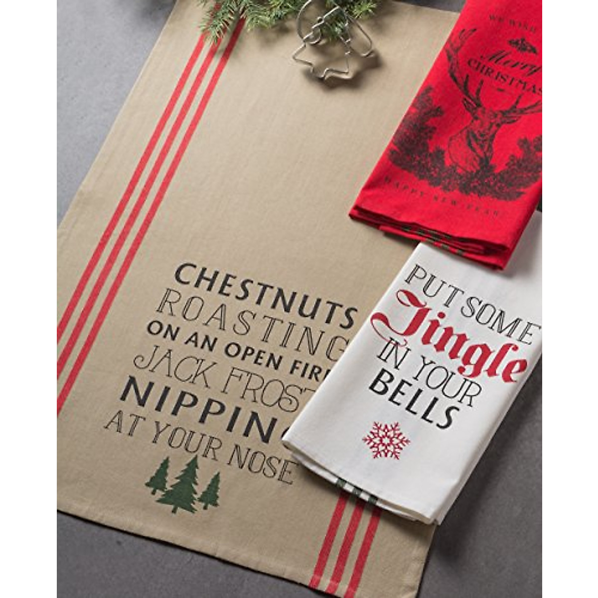 DII Holiday Collection Vintage Print Dishtowel Set, 18x28, Christmas Stag, 3 Piece