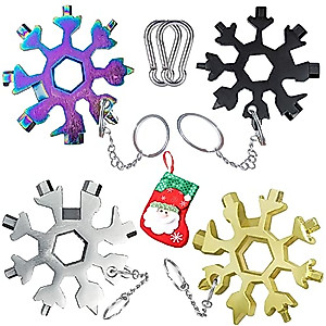 18-in-1 Snowflake Multi-Tool Stainless Steel Wrench Pocket Snowflake Tool Screwdriver Kit Bottle Opener with Carabiner for Outdoor Travel Camping Adventure Gifts for Men(4 Pcack 4 Colorful)