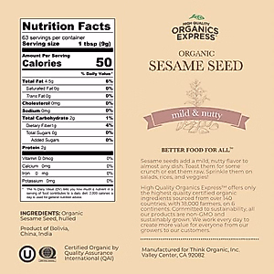 HQOExpress | Organic White Sesame Seed | Raw Sesame Seeds for Cooking and Food Seasoning - Semillas de Ajonjoli - Non-GMO, Vegan & Certified Kosher - 20 oz. Chef Jar