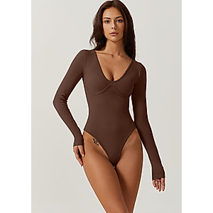QINSEN Woman's Thick Long Sleeve Slimming Fit One Piece Bodysuit for Fall Winter Brown M