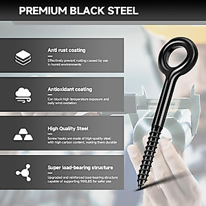 XIEKRAB 7 inch Eye Bolts - 4 Pcs Eyes Hooks Screw Heavy Duty 900 lbs Breaking Strength Black Rust-Resistant, Self Tapping Eyelet Screw for Wood Securing, Hammock Stand, Indoor & Outdoor Use