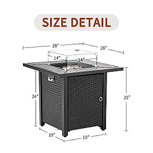 SUNBURY Outdoor Propane Fire Pit Table, 28 Inch Patio Gas Fire Table 40,000 BTU Auto-Ignition, Black Brown Rattan-Look Outdoor Companion w Lid, Waterproof Cover, Lava Rocks, Glass Wind Guard