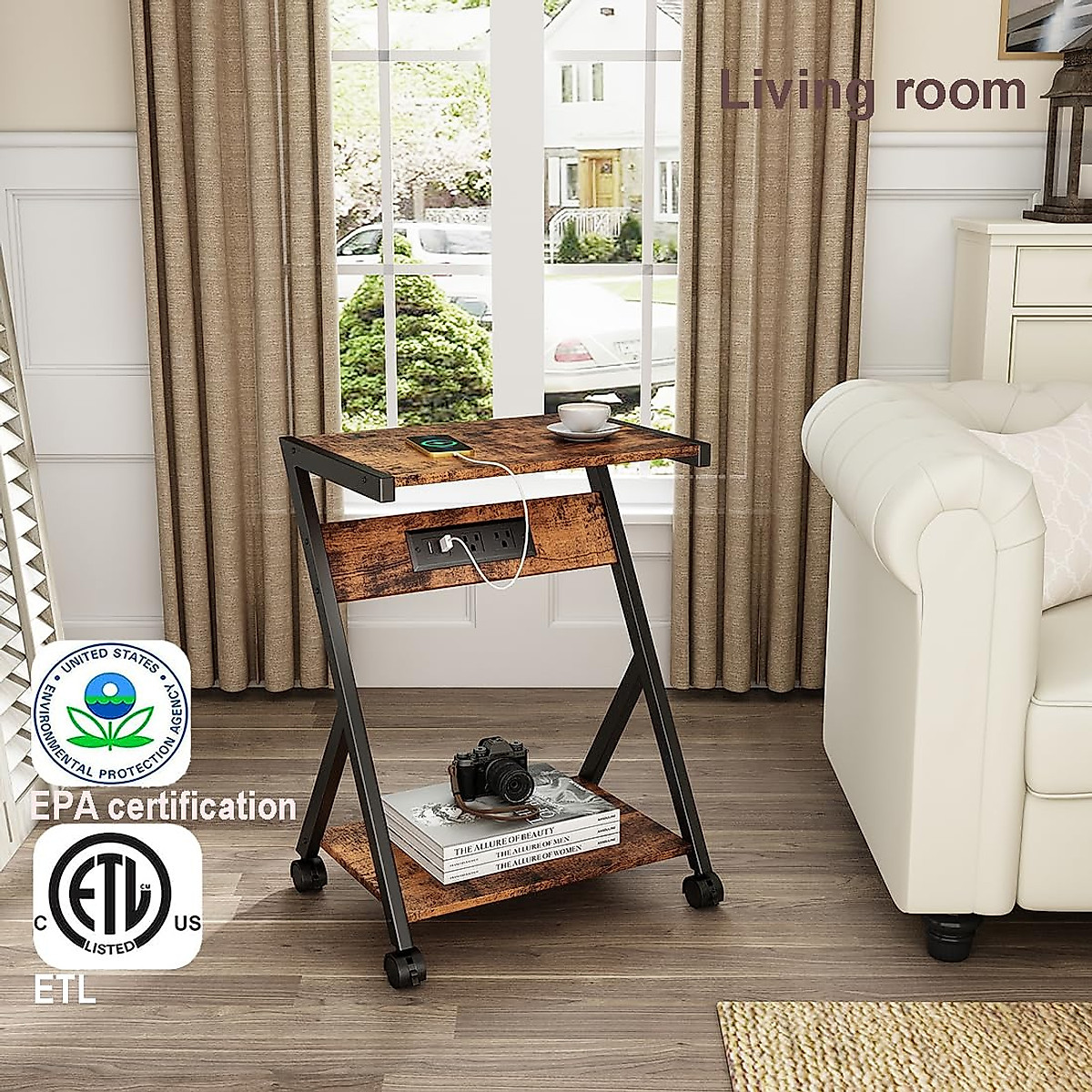 MMEOLUOOK C Shaped End Table with Charging Station Side Table, Printer Stand, nightstand Couch Table Metal Frame with Rolling Casters, Coffee Table for Living Bedroom Snack Laptop MLBZ77RE