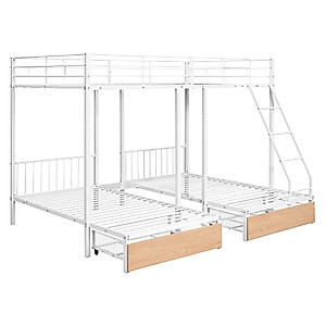 Metal Triple Bunk Bed Full Over Twin & Twin, Full Over Twin & Twin Bunk Bed with Storage Drawers, 3 Bunk Beds/Convertible Into 3 Beds, Metal Triple Bunk Beds for Kids,Teens, Girls(White)