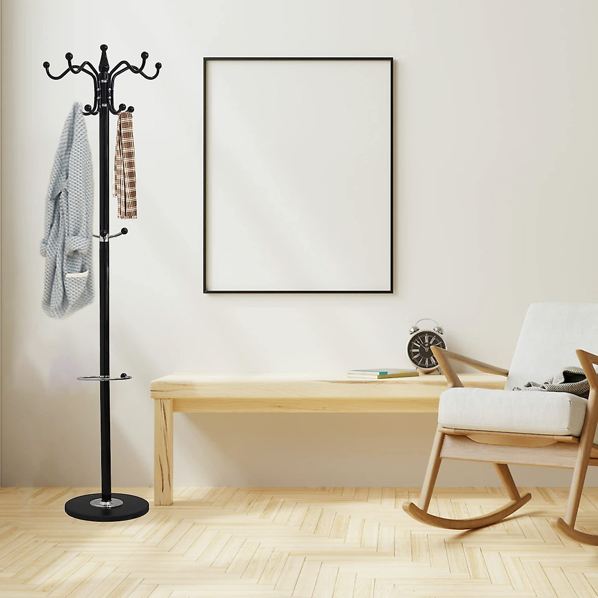 Sifenma Vertical Metal Coat Rack Stand with Marble Base, Clothes Tree, 15 Hooks for Hanging Coats, Jackets, Bags, Home Entrance Hat Hanger Organizer, Umbrella Tree, Freestanding Hall Tree(Black)