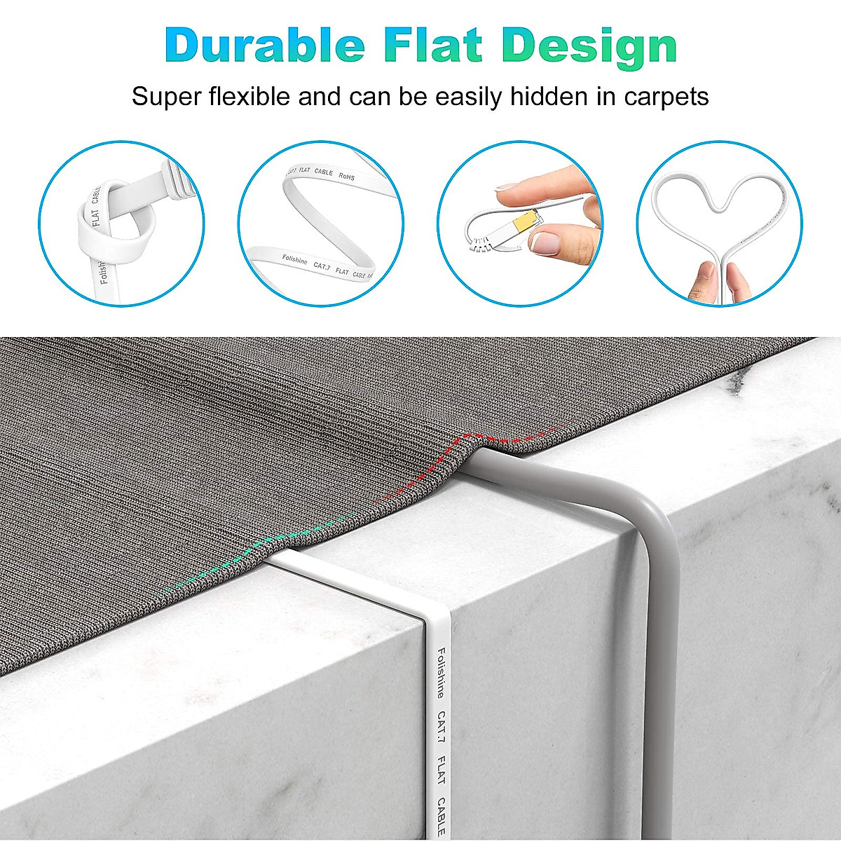 Folishine Ethernet Cable 25 ft, Cat 6e/Cat6 Ethernet Cable High Speed with Network Patch Cords, LAN Cable Clips with Rj45 Connector for Router Modem Faster Than Cat 5e/Cat 5-White