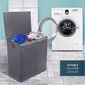 Sorbus Laundry Hamper with Lid Closure – Foldable Double Sorter Detachable Cover and Divider, Built-in Handles for Easy Transport, Grey