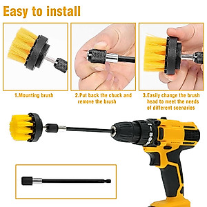 ETOUPA 8 Pcs Drill Brush Attachment Set, Power Cleaning Scrub Brush Kit with Extend Long Attachment, All Purpose Drill Scrub Brushes for Car, Grout, Floor, Tub, Bathroom and Kitchen (Yellow)