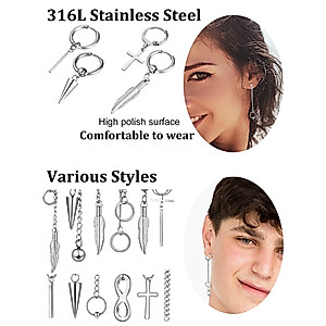 12 Pieces Hoop Dangle Earrings for Men Stainless Steel Hanging Pendant Hinged Hoop Earrings Long Chain Cross Huggie Earrings Fashion Piercing Jewelry Gift for Unisex Men Women (Silver)