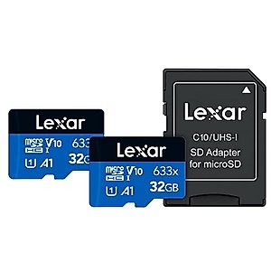 Lexar 32GB (2-Pack) High-Performance 633x micro SD Card w/ SD Adapter, UHS-I, C10, U1, A1, Full-HD & 4K Video, Up To 100MB/s Read, for Smartphones, Tablets, and Action Cameras (LMS0633032G-B2ANU)
