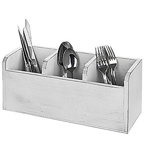 MyGift Vintage White Wood Kitchen Utensil Holder for Countertop with 3 Compartments, Coffee Bar Condiment Organizer Tray