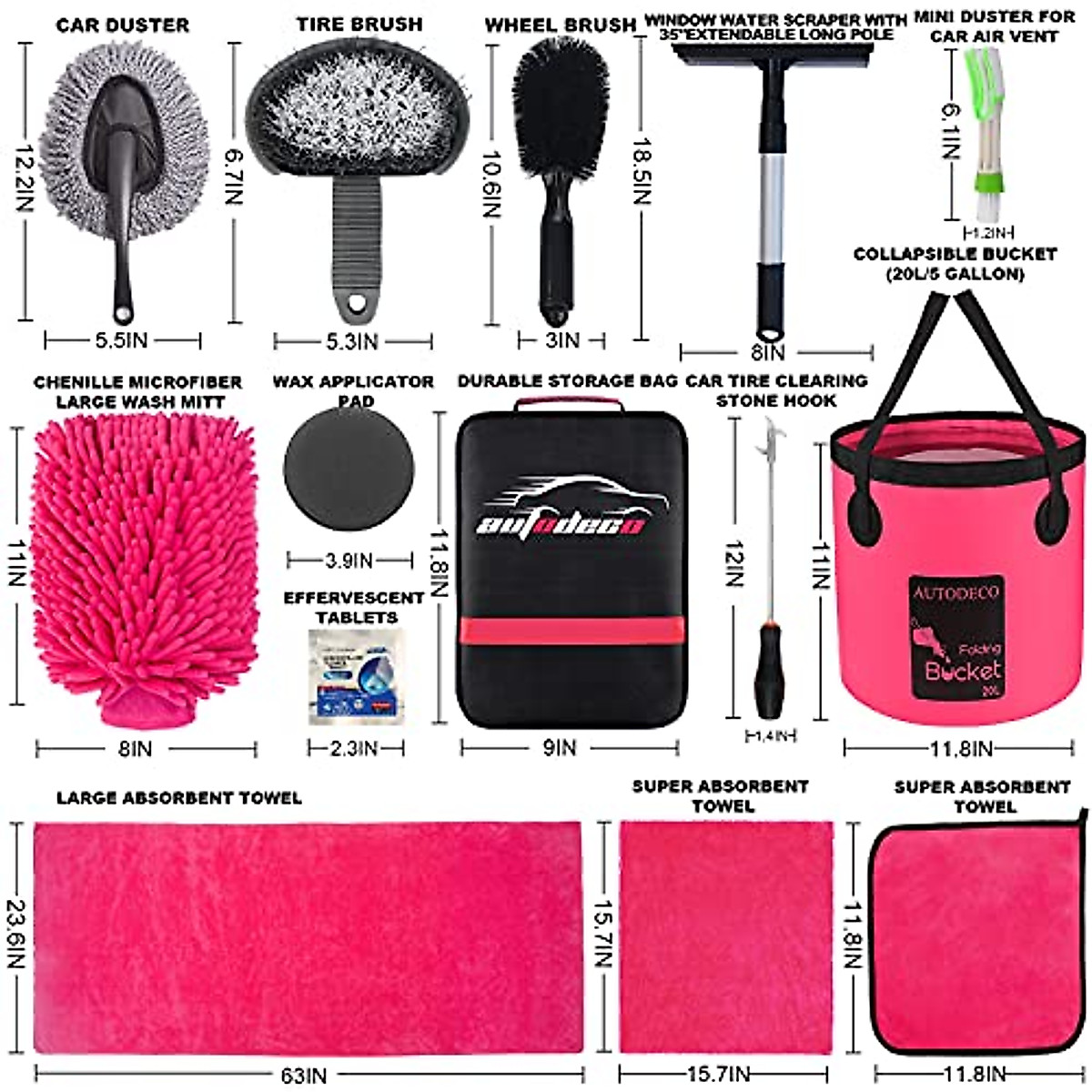 AUTODECO 24Pcs Car Wash Cleaning Tools Kit Car Detailing Set with Canvas Bag Pink Collapsible Bucket Larger Wash Mitt Towels Tire Brush Extendable Window Scraper Complete Interior Car Care Kit
