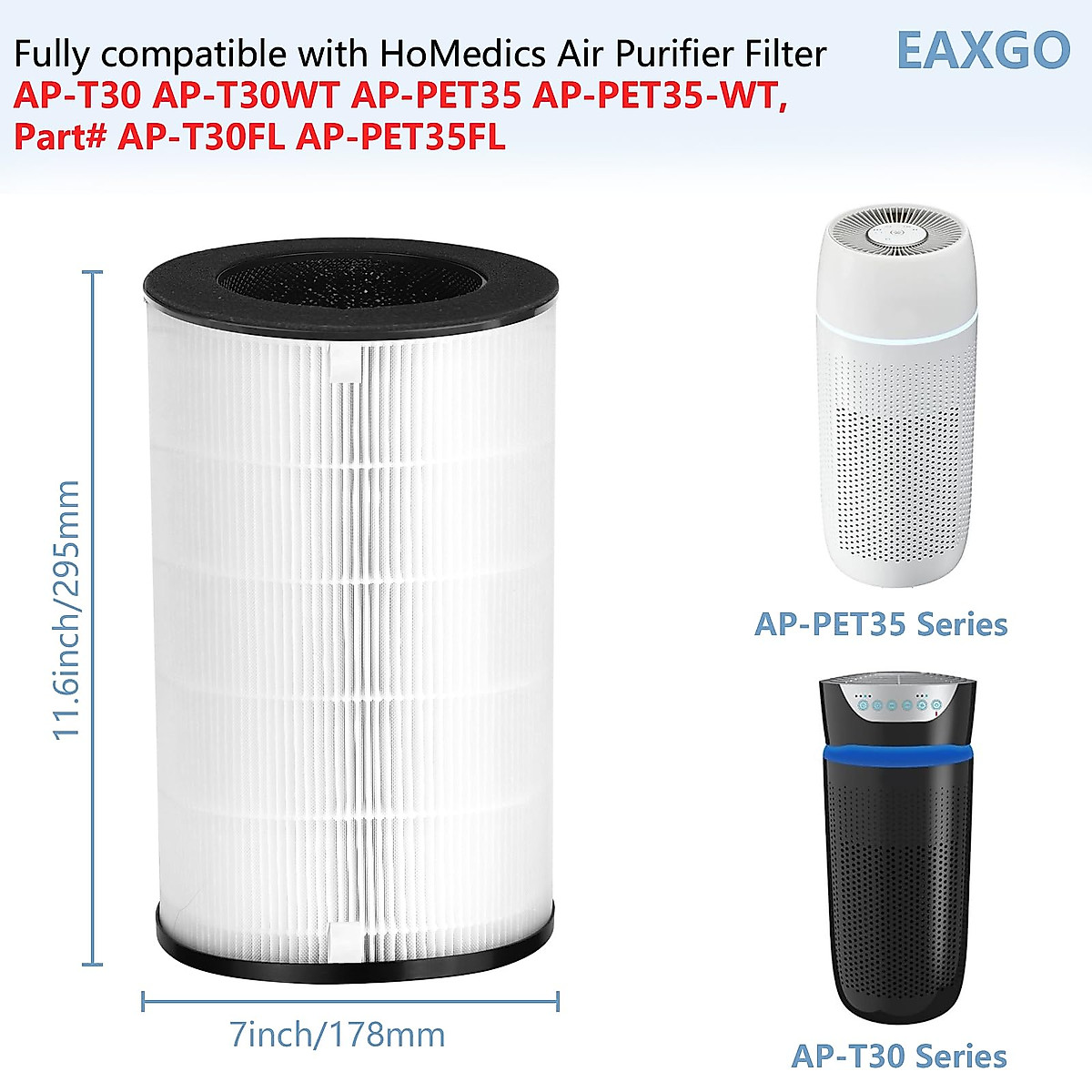 EAXGO AP-PET35 AP-T30 Replacement Filter Compatible with HoMedics Air Purifier Models AP-PET35-WT AP-T30WT,Part# AP-PET35FL AP-T30FL,360° Filtration 5 Layers 3 in 1 Ture HEPA Filter,1-Pack