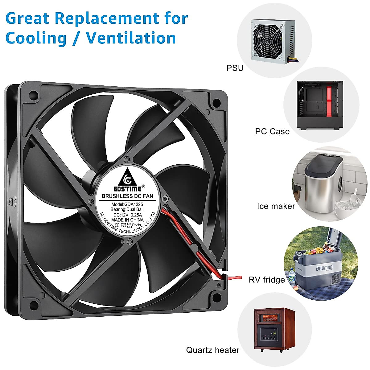 GDSTIME Dual Ball Bearings 120mm x 120mm x 25mm 5 inch 12v Brushless DC Cooling Exhaust Fan, For Desktop