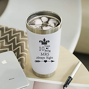 Set of 2 10th Wedding Engagement Anniversary Tumblers for Couples Parents 20 Ounce Stainless Steel Insulated Car Tumbler Travel Mug Mr Right Mrs Always Right 10 Years Anniversary Funny Present