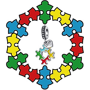 DWJSu Heart Autism Charms fit Pandora Bracelet and Necklace Awareness Puzzle Piece Enamel Love ASD Dangle Bead Charm