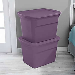 Sterilite 17318V08 Lidded Stackable 18 Gallon Storage Tote Container w/Handles and Indented Lid for Efficient, Space Saving Household Storage, Purple