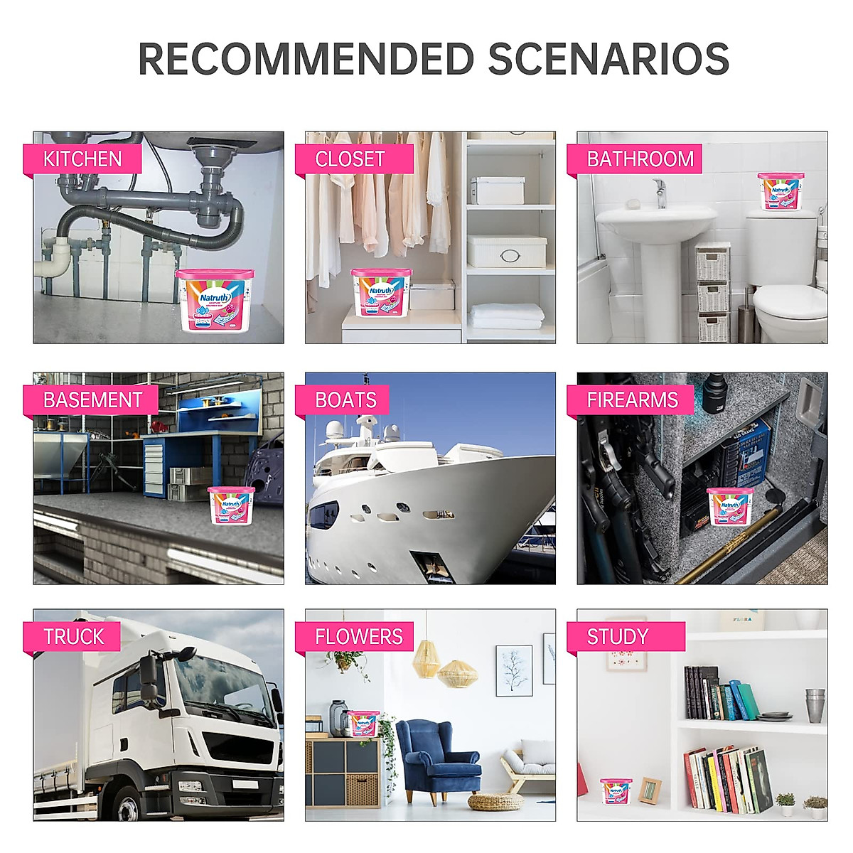 NATRUTH Moisture Absorbers Boxes (6 PACKS)，12.5 Oz With Rose Scent,Portable Closet Dehumidifier, Odor Eliminator Absorber Bucket,Humidity Absorber,Air Dehumidifier for Closet,Bathrooms, Kitchen &Boats