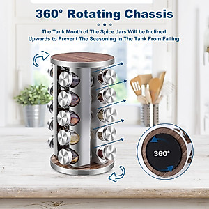 Rotating Spice Rack Organizer for Cabinet, 20 Jars Revolving Seasoning Organizer for Kitchen, Stainless Steel Spice Tower for Countertop with Reuseable Labels and Funnel